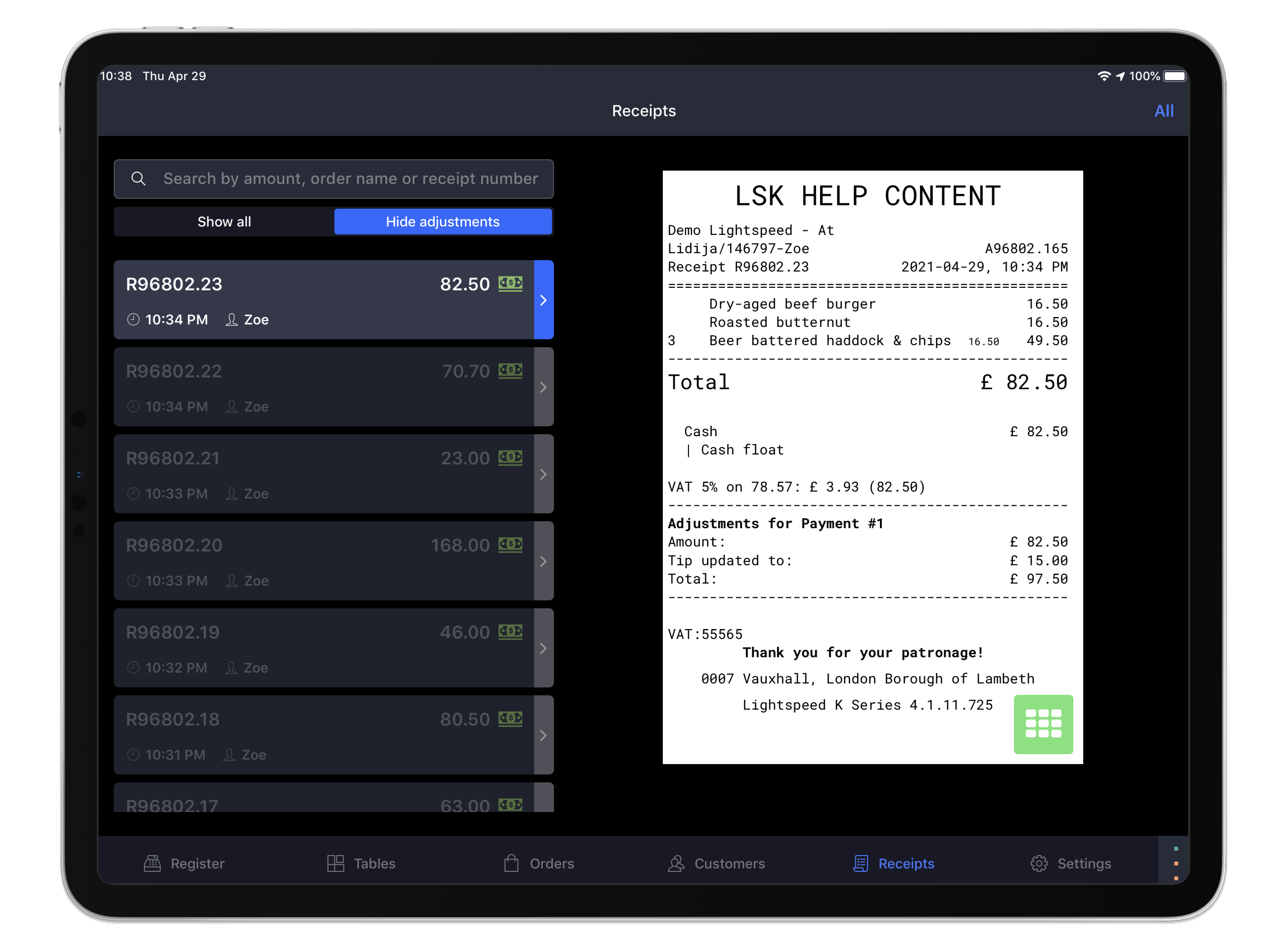 Understanding the Receipts screen – Lightspeed Restaurant (K-Series)