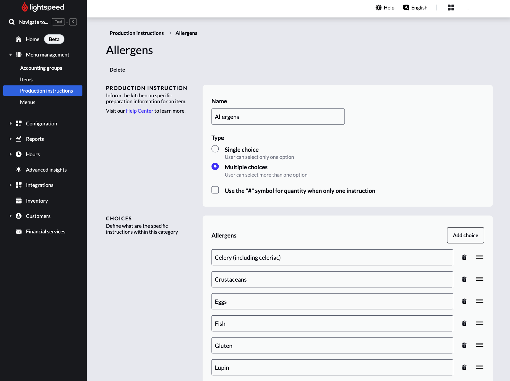 Managing production instructions – Lightspeed Restaurant (K-Series)