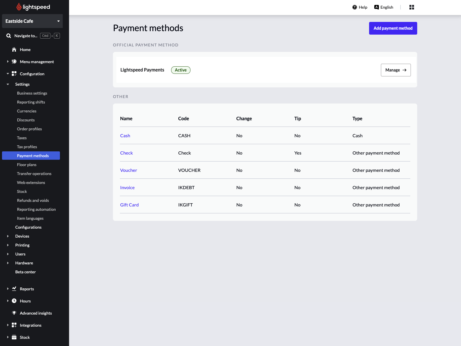 Adding and editing payment methods – Lightspeed Restaurant (K-Series)