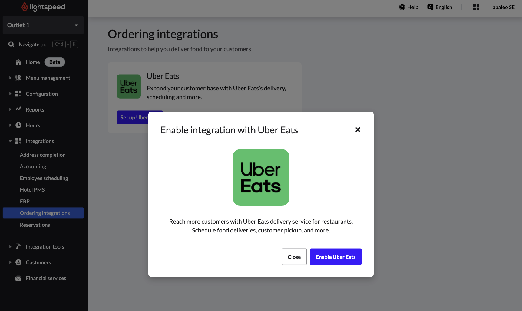 Setting up the Uber Eats integration – Lightspeed Restaurant (K-Series)